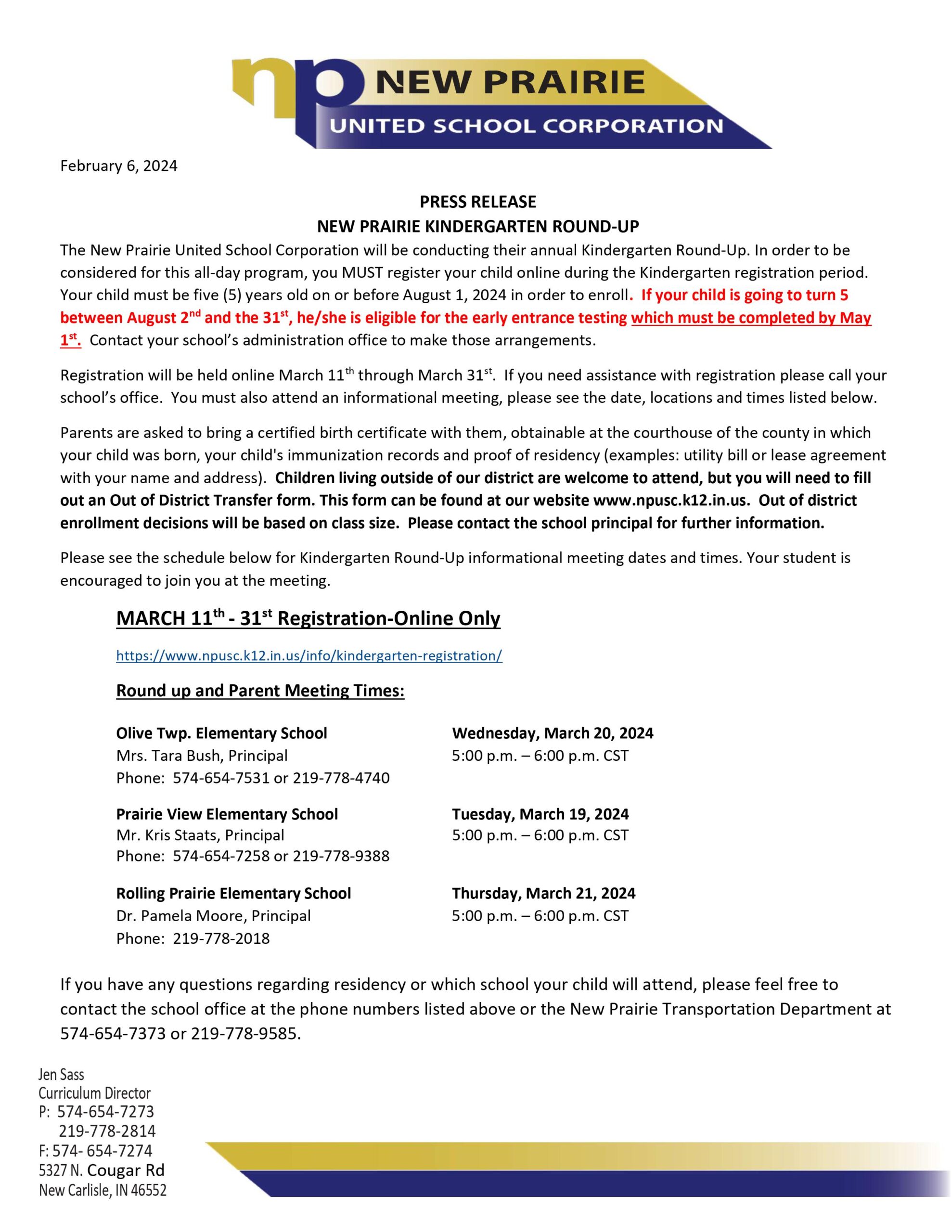 Kindergarten Round Up Information – New Prairie United School Corporation